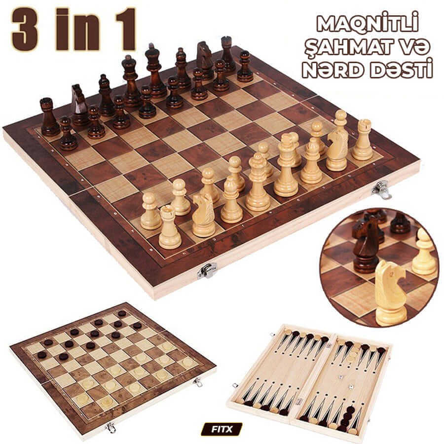 3 IN 1 Wooden International Chess Set (Maqnitli Şahmat və Nərd Dəsti ...