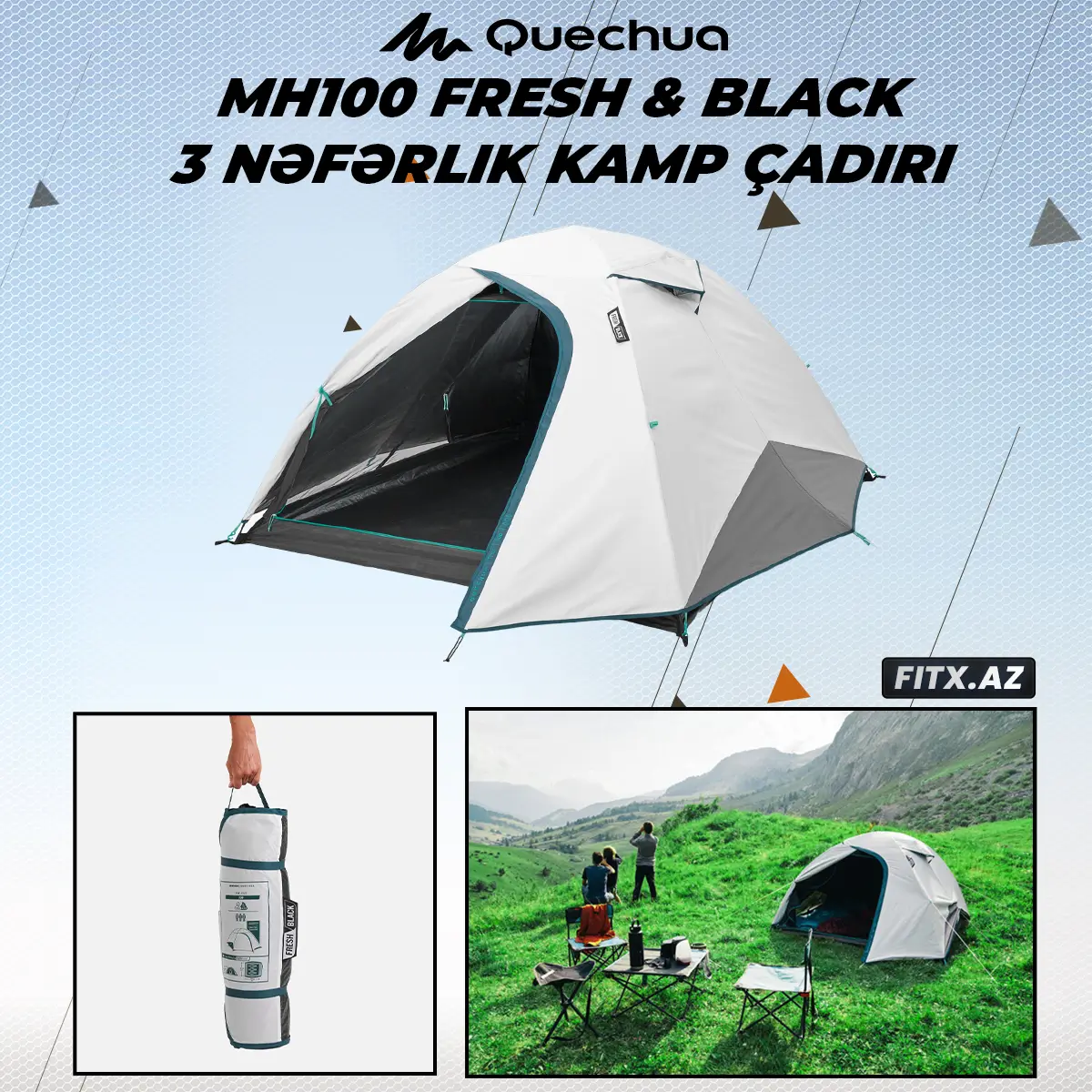 QUECHUA MH100 Fresh & Black 3 Nəfərlik Kamp Çadırı - Fitx.az